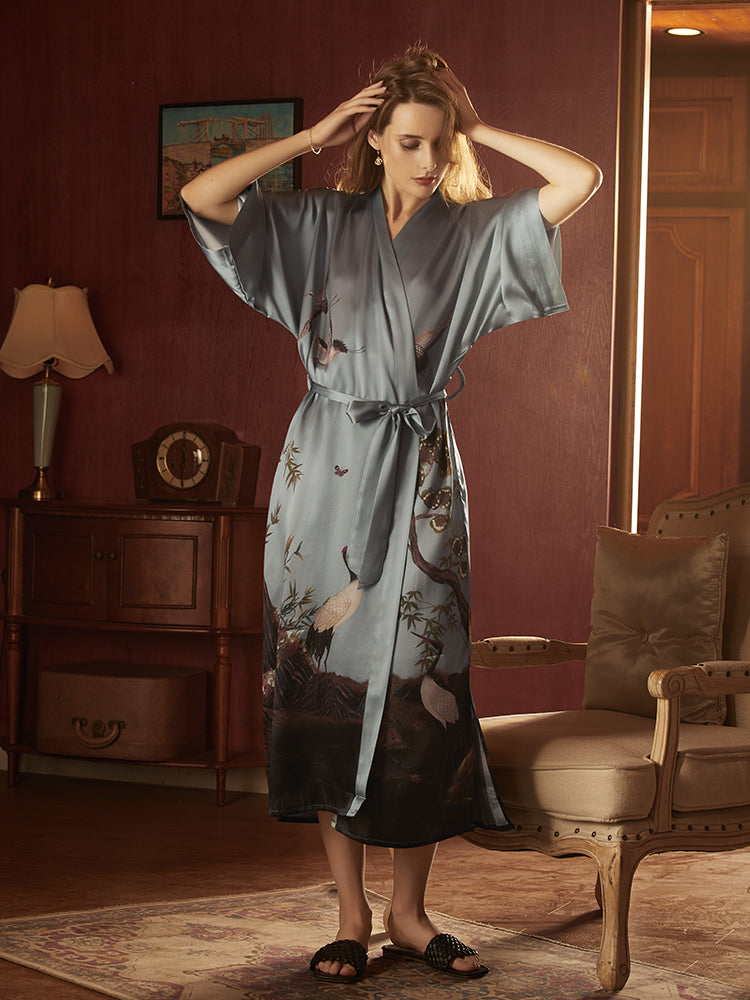 Heavy Silk Robe Kimono Floral Print Long– Ginell Silks