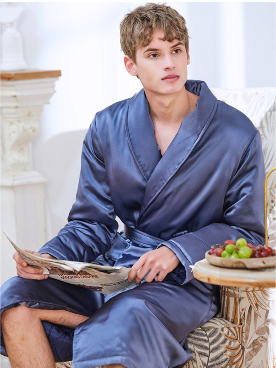Men's 100% Mulberry Silk Long Robe Quilted Bathrobe in Gray Blue ...