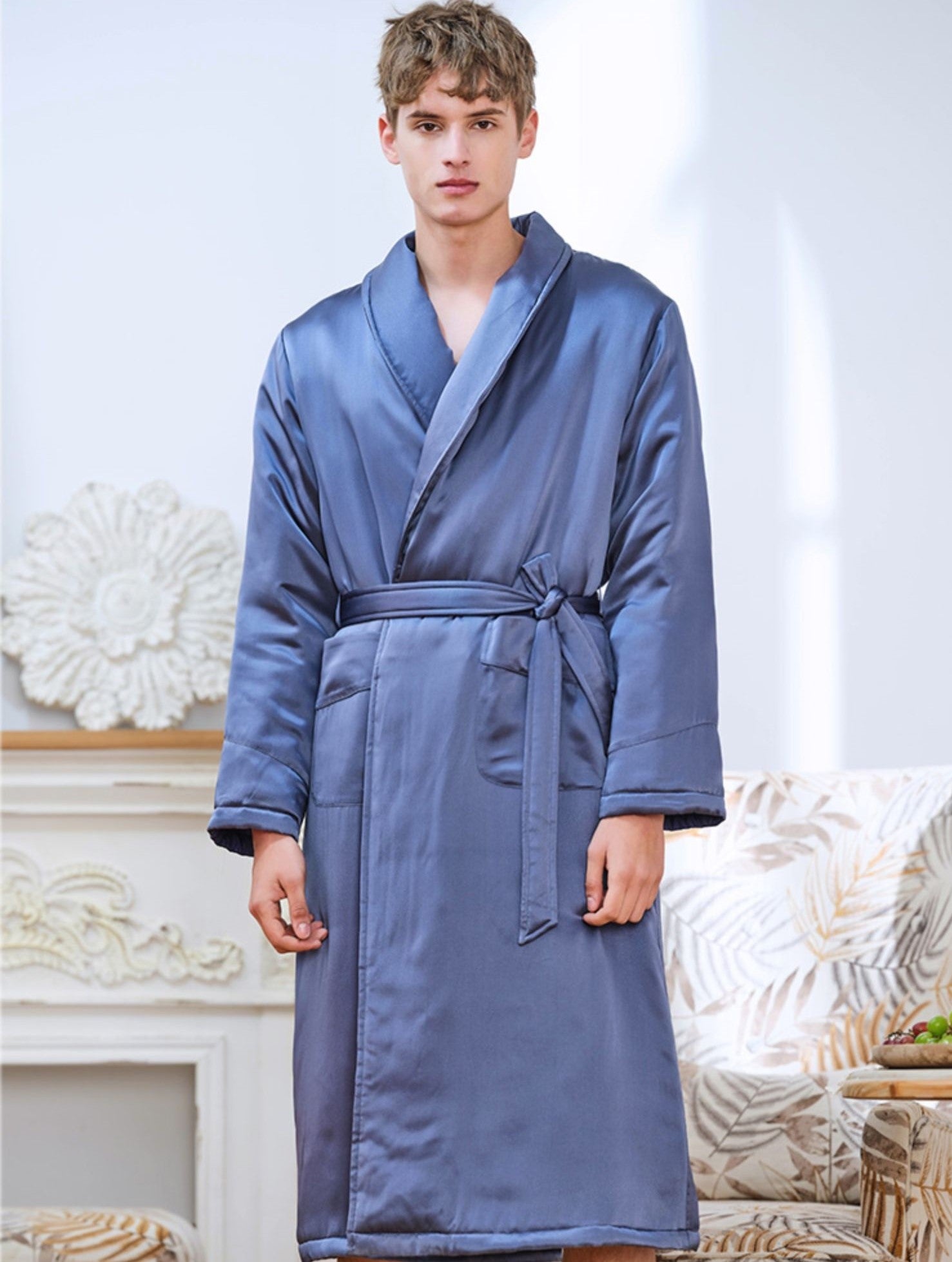 Men's 100% Mulberry Silk Long Robe Quilted Bathrobe in Gray Blue ...