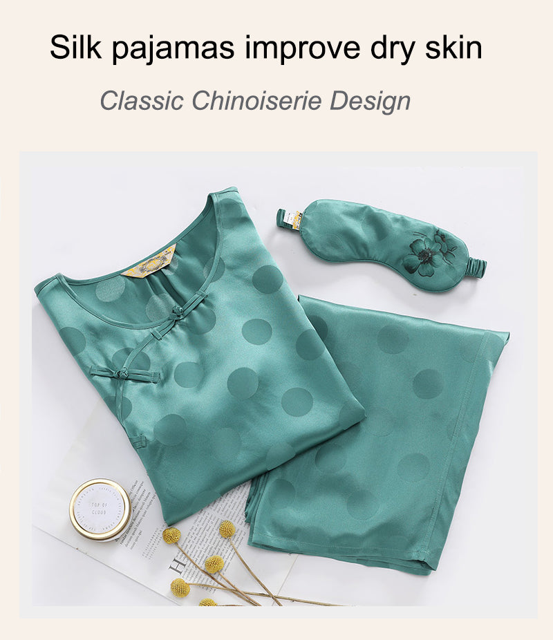Silk Jacquard Pajama Set for Women, Polka Dot with Cheongsam Design 3/4 ...